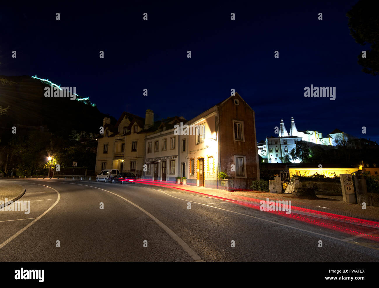 Sintra by night showing Palacio Nacional and Castelo dos Mouros ...
