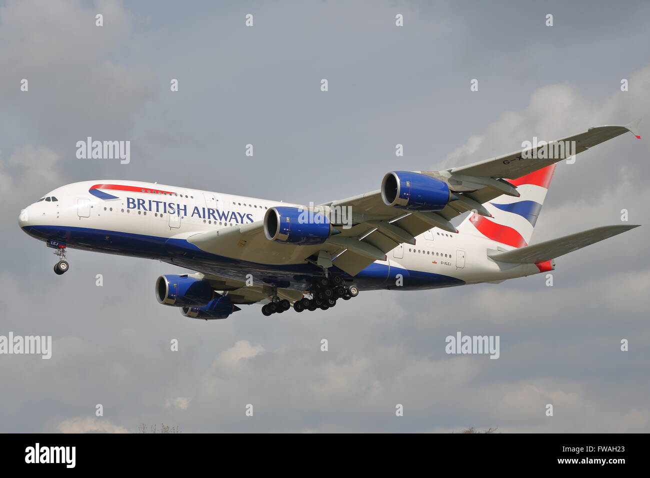 British Airways Airbus A380-800 G-XLEJ landing at London Heathrow, UK ...
