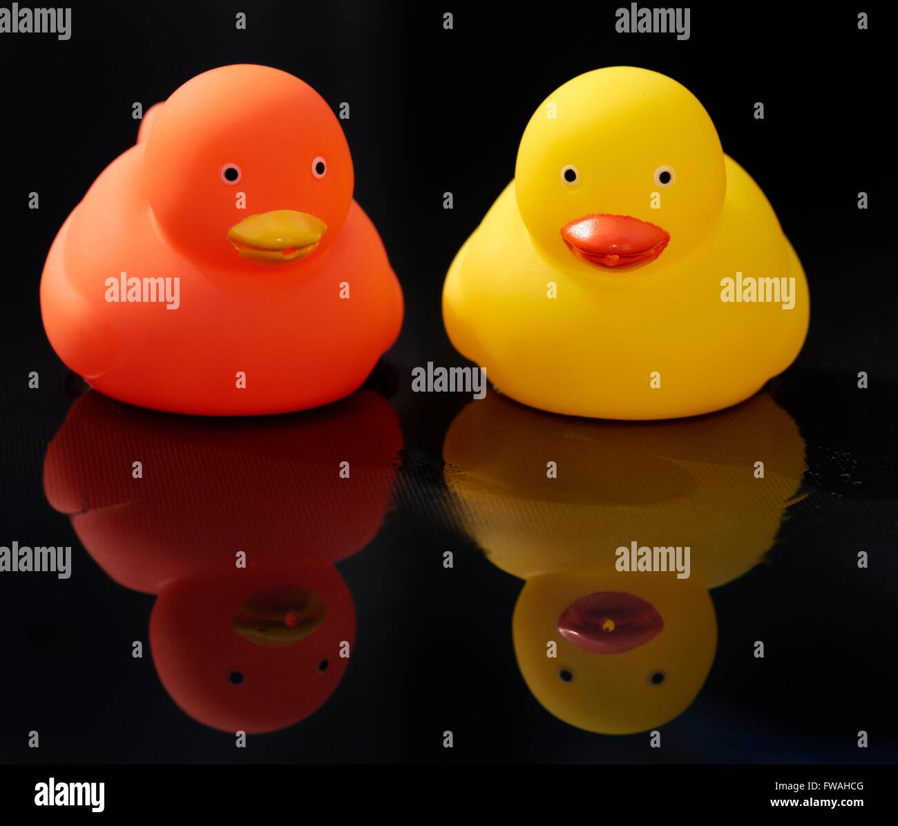 Orange and yellow toy ducks side by side Stock Photo - Alamy