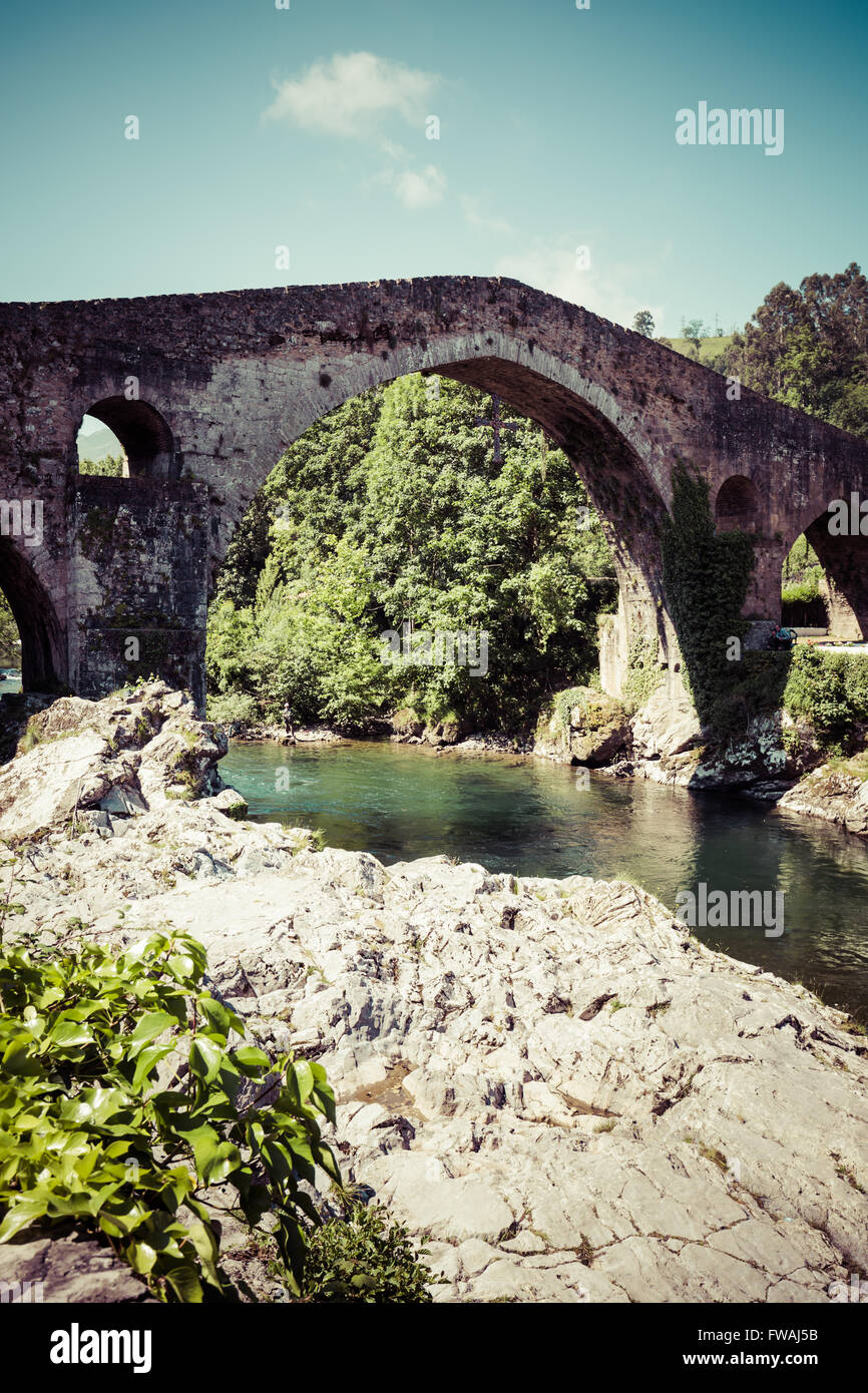 Old Roman stone bridge in Cangas de Onis (Asturias), Spain Stock Photo ...