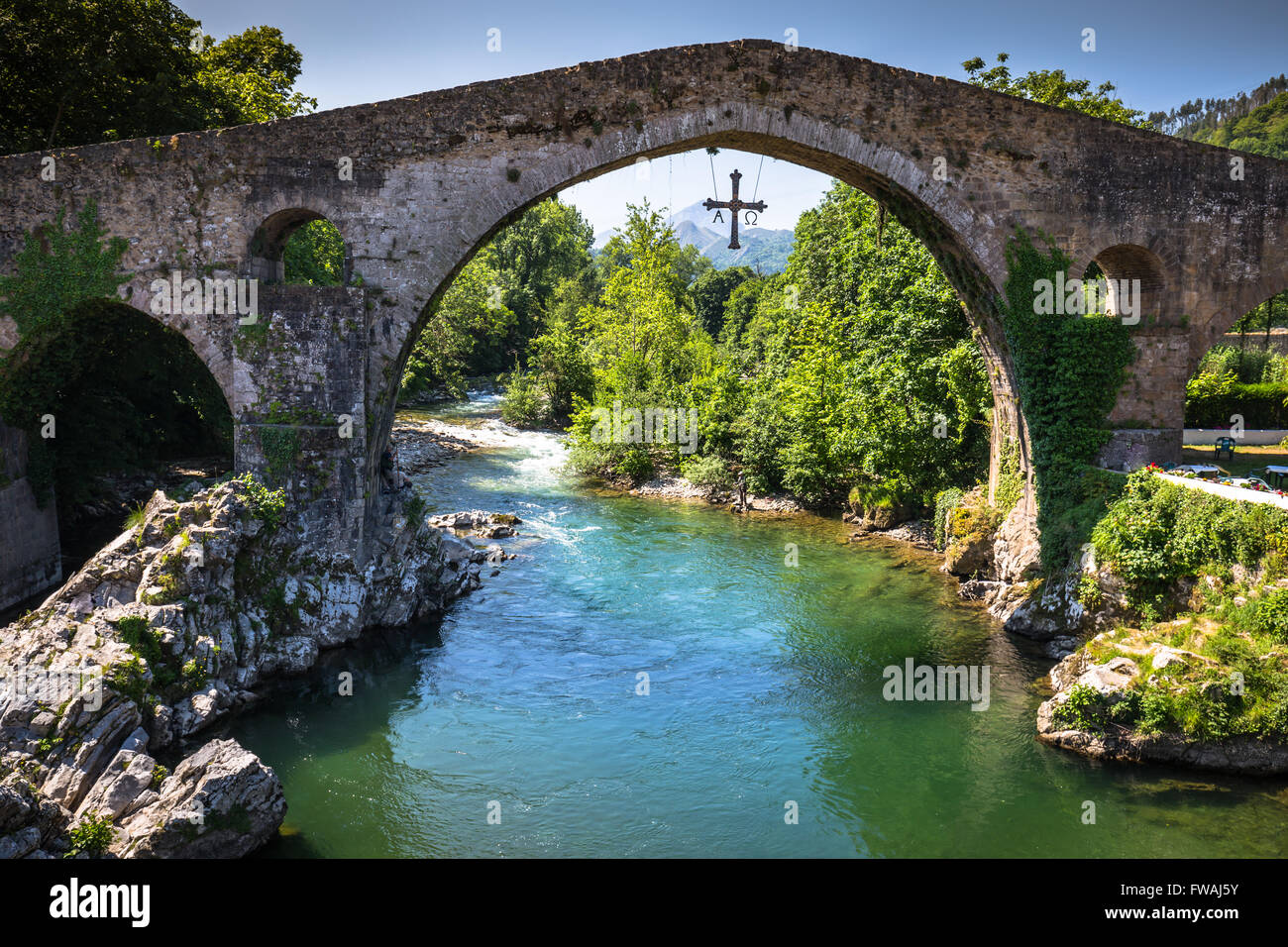 Old Roman stone bridge in Cangas de Onis (Asturias), Spain Stock Photo ...