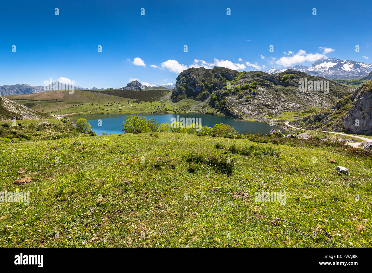 Lake Enol and mountain retreat, the famous lakes of Covadonga, Asturias ...