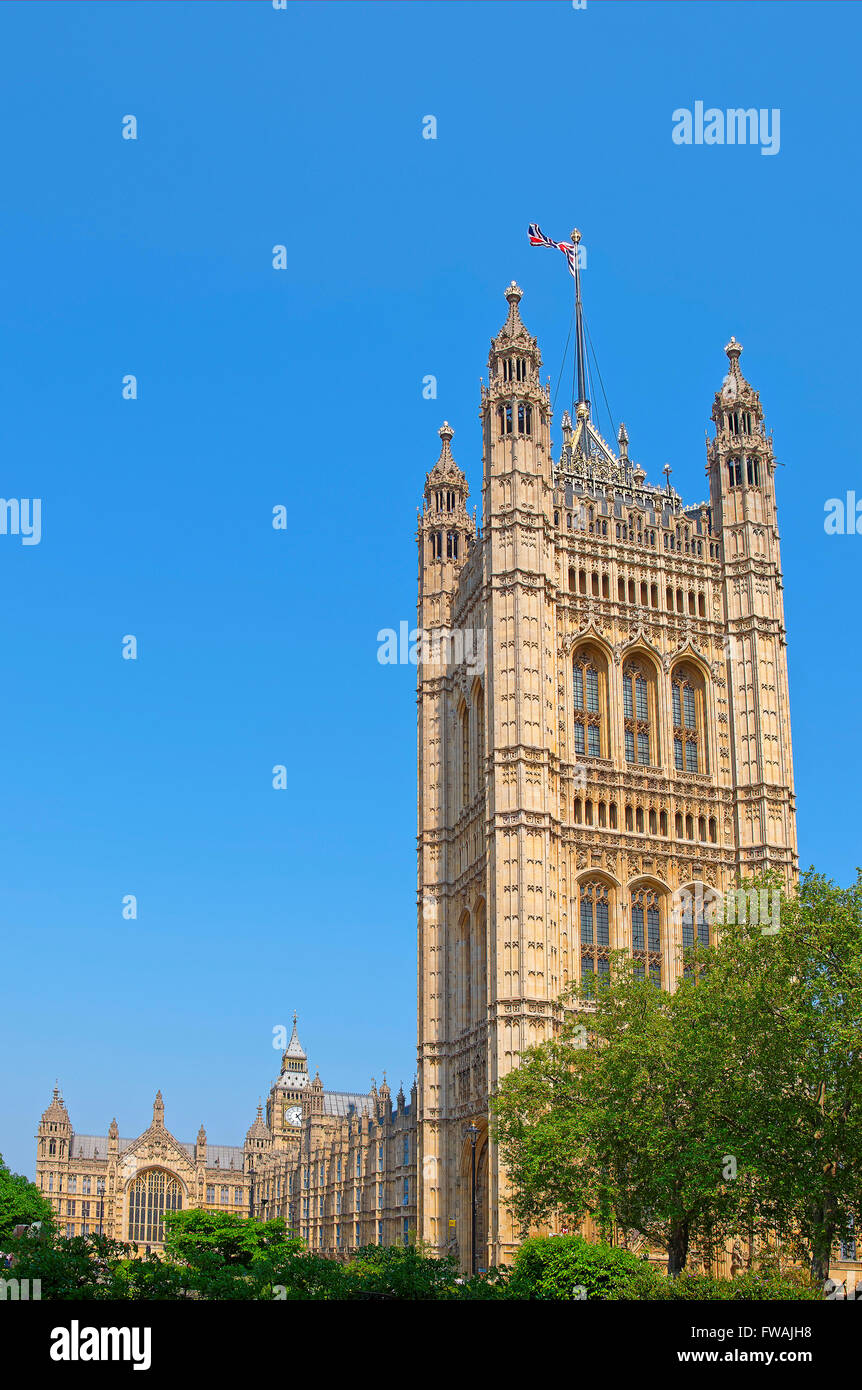 Victoria Tower of Westminster Palace in London. The Victoria Tower is the square tower near Old ...