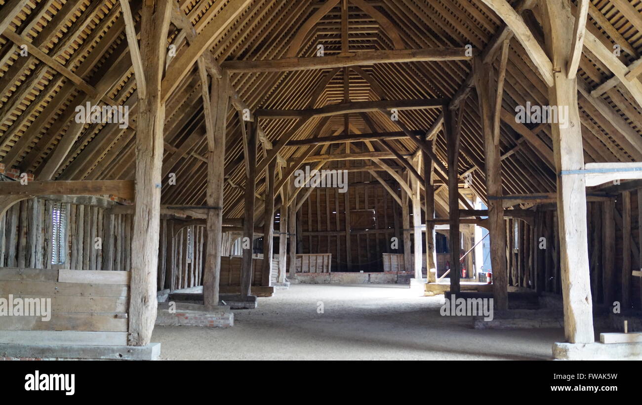 Interior of Prior's Hall Barn, Widdington, Essex, UK showing the timber ...