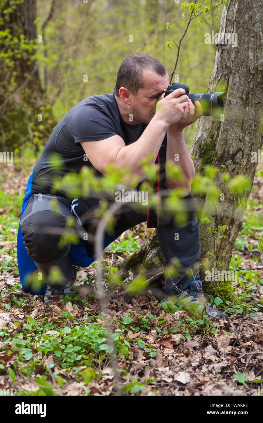 Professional nature photographer working in a forest Stock Photo - Alamy