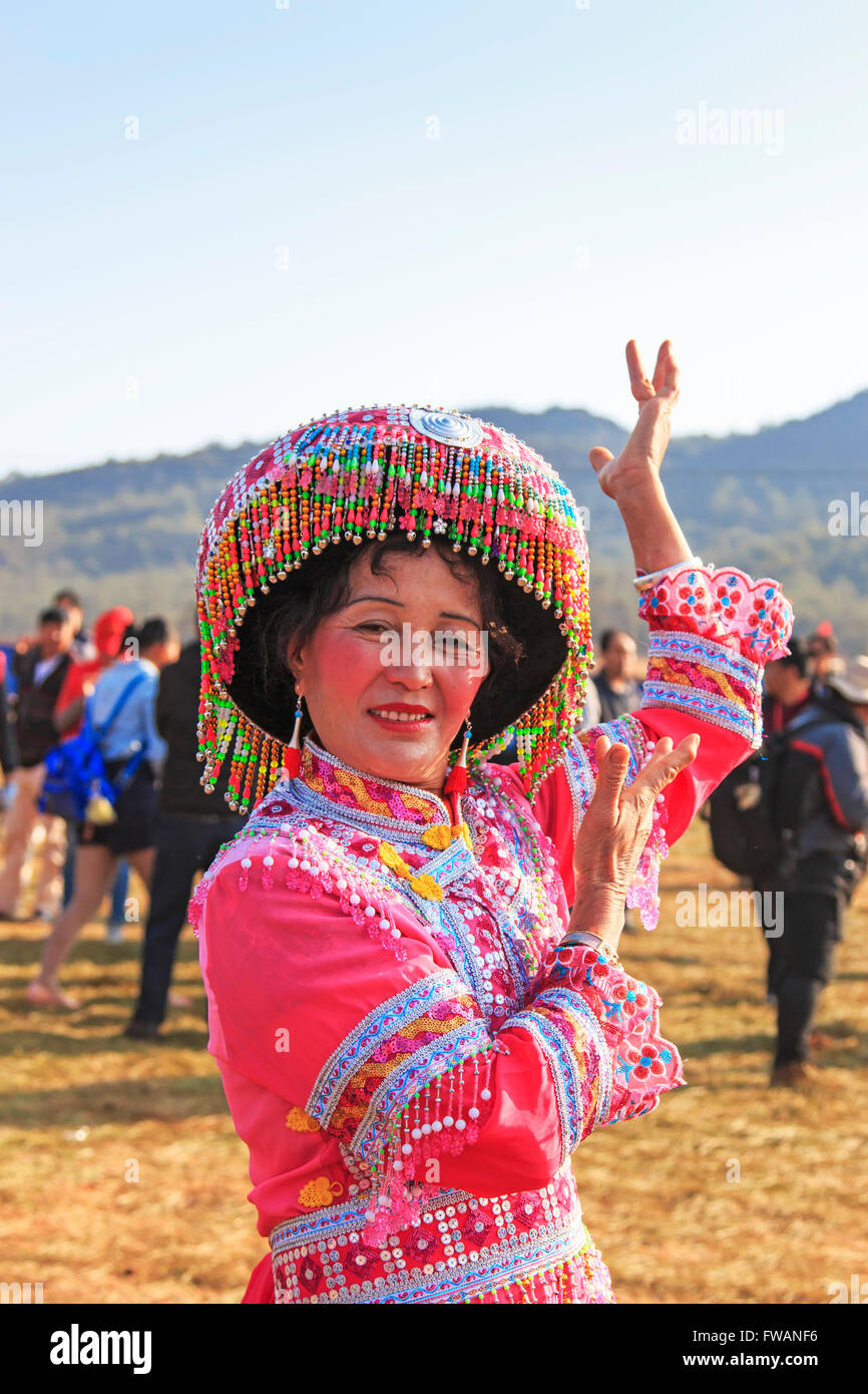 Heqing, China - March 15, 2016: Chinese woman in traditional Miao ...
