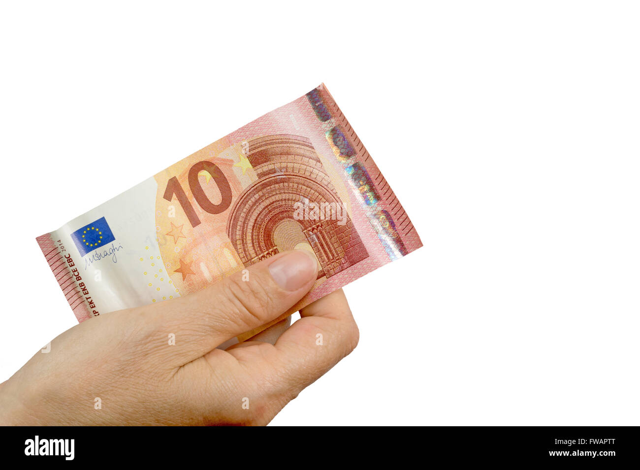 Hand is holding a ten euro note. Isolated on the white background Stock ...