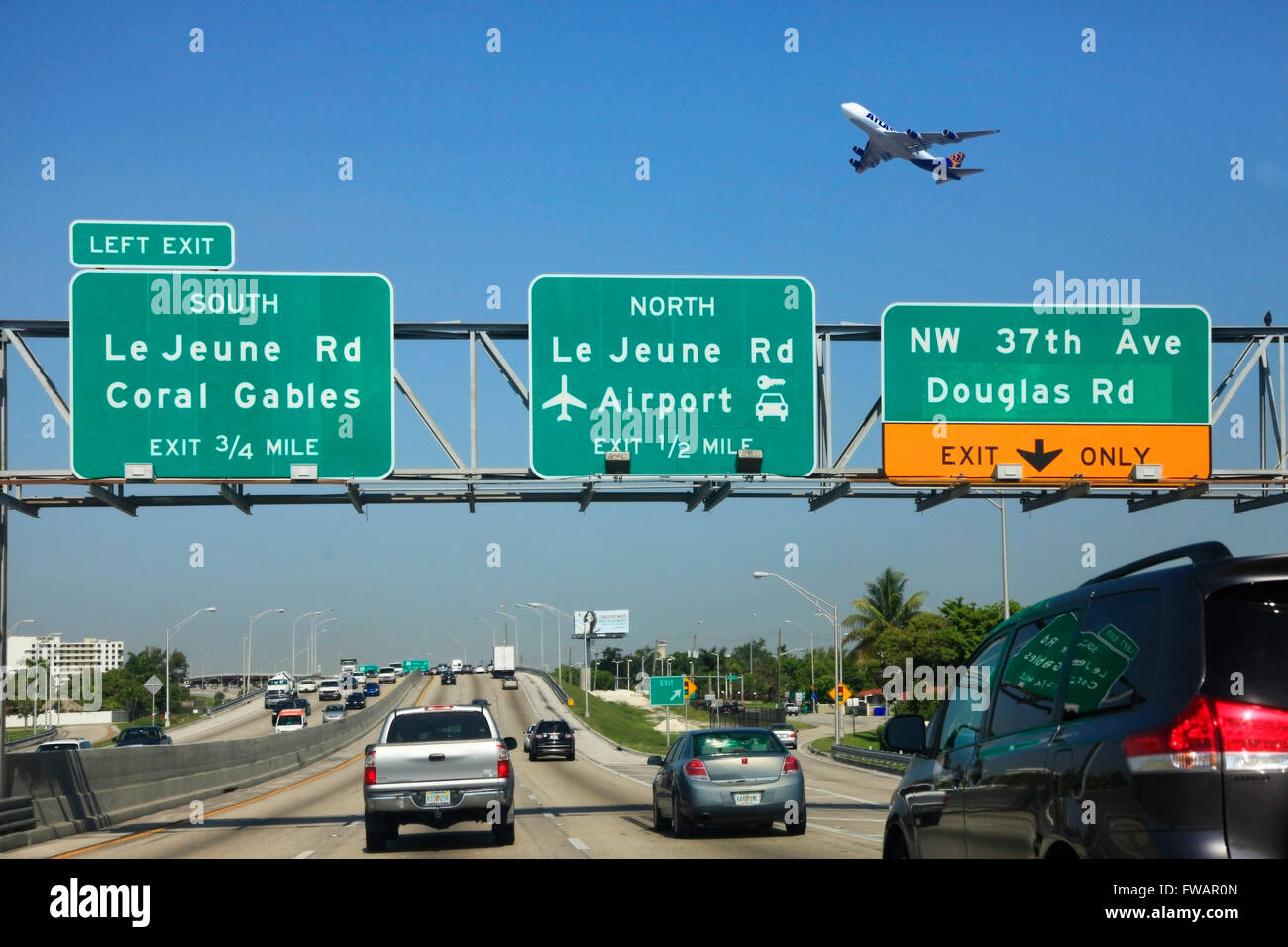 Driving the Miami Highway from the airport direction East in Miami, USA ...