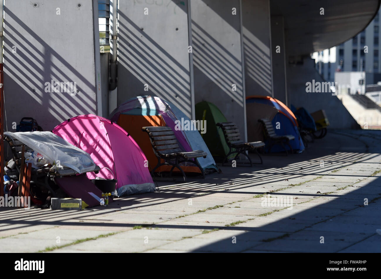 Berlin, Germany. 01st Apr, 2016. Homeless people's tents can be seen on ...