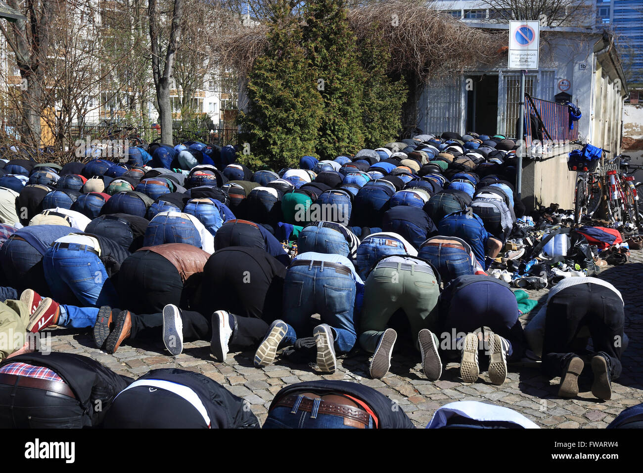 Magdeburg, Germany. 01st Apr, 2016. Muslims during Friday prayer with ...