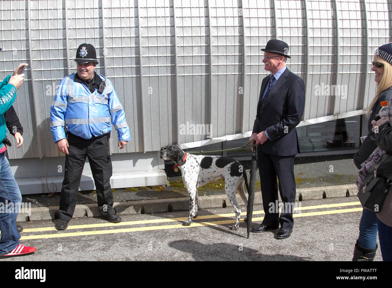 Birmingham UK. 2nd April 2016. A Pegida supporter dressed in Bowler hat ...