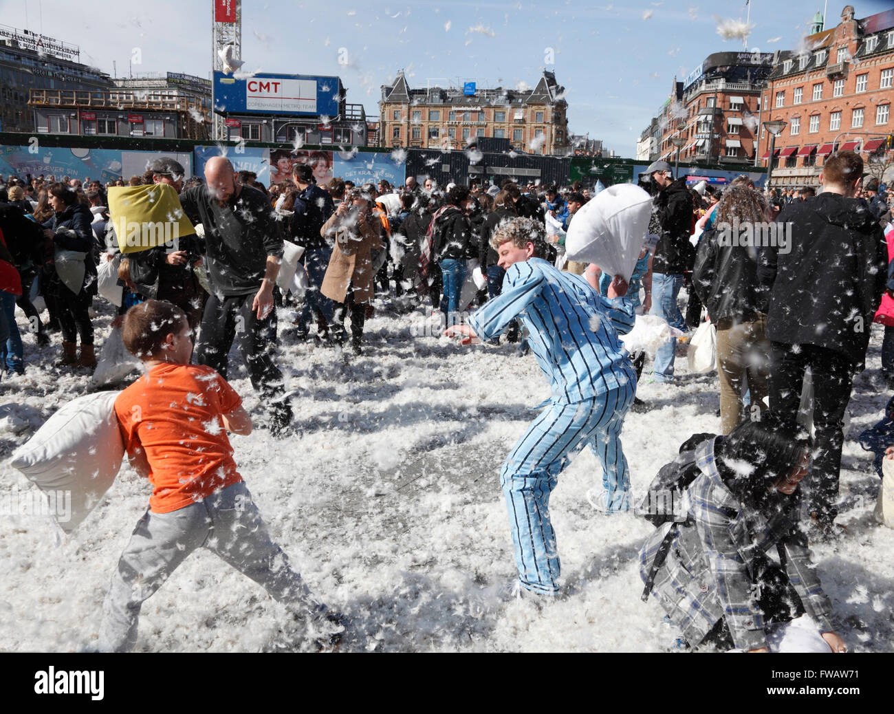 Copenhagen, Denmark, 2nd April, 2016. Massive pillow fights in the City ...