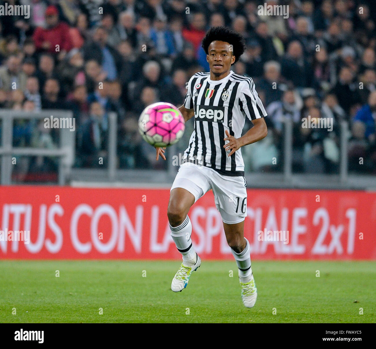 Turin, Italy. 2 April, 2016: Juan Cuadrado in action during the Serie A ...