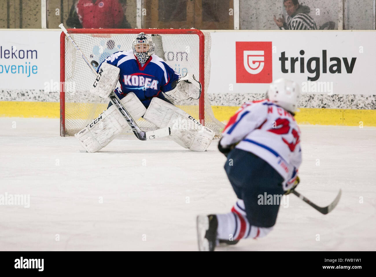 (160403) -- BLED, April 3, 2016(Xinhua) -- Goalie Jung So Shin (L) of ...