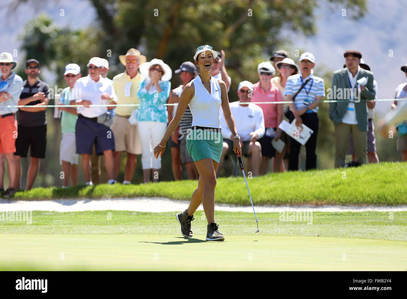 Rancho Mirage, California, USA. 02nd Apr, 2016. Michelle Wie reacts to ...