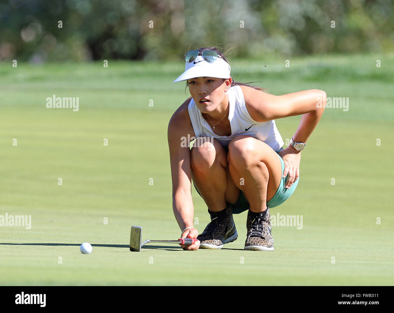 Rancho Mirage, California, USA. 02nd Apr, 2016. Michelle Wie lines up a ...