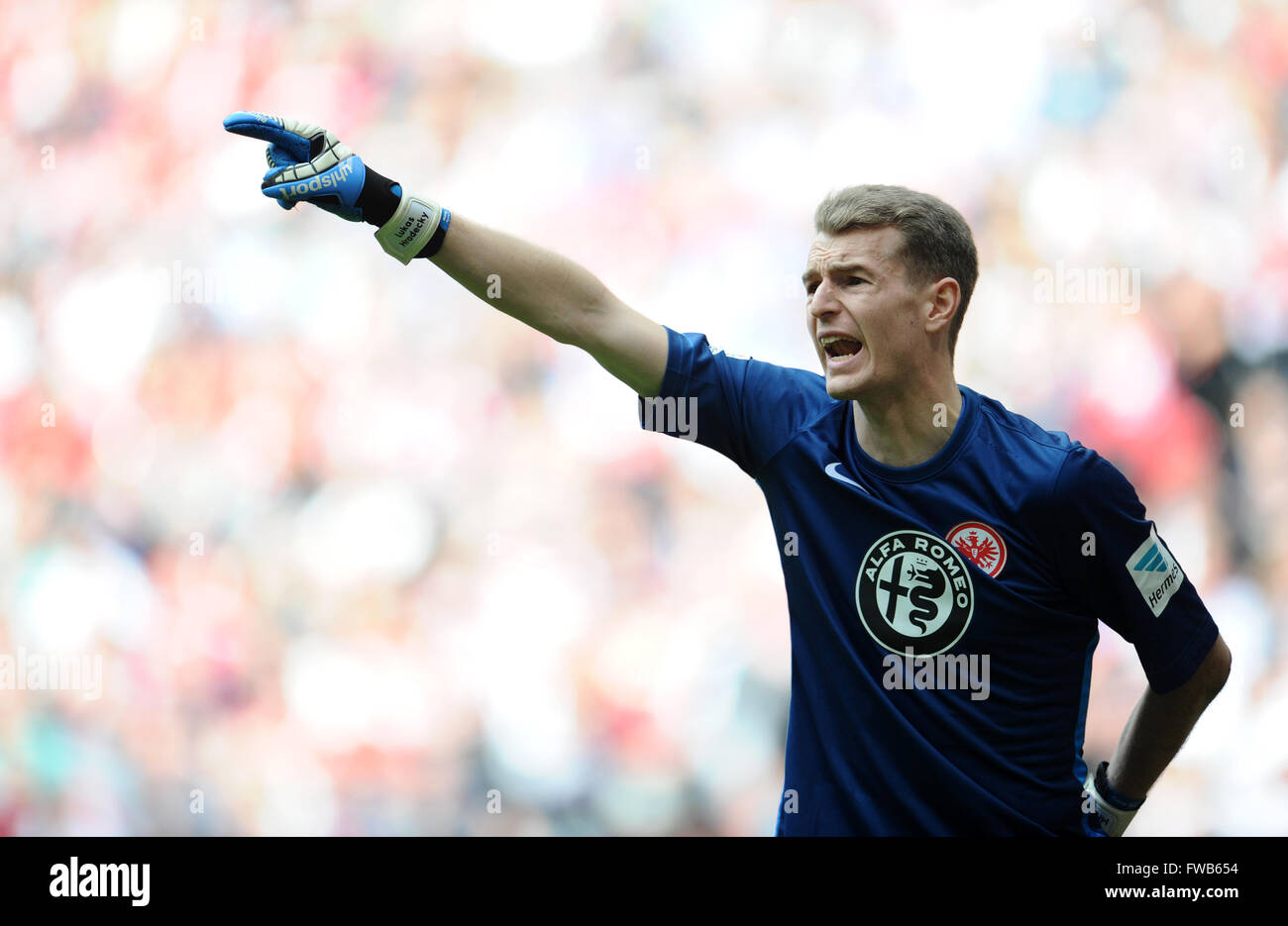 Munich, Germany. 2nd Apr, 2016. Frankfurt's goalkeeper Lukas Hradecky ...