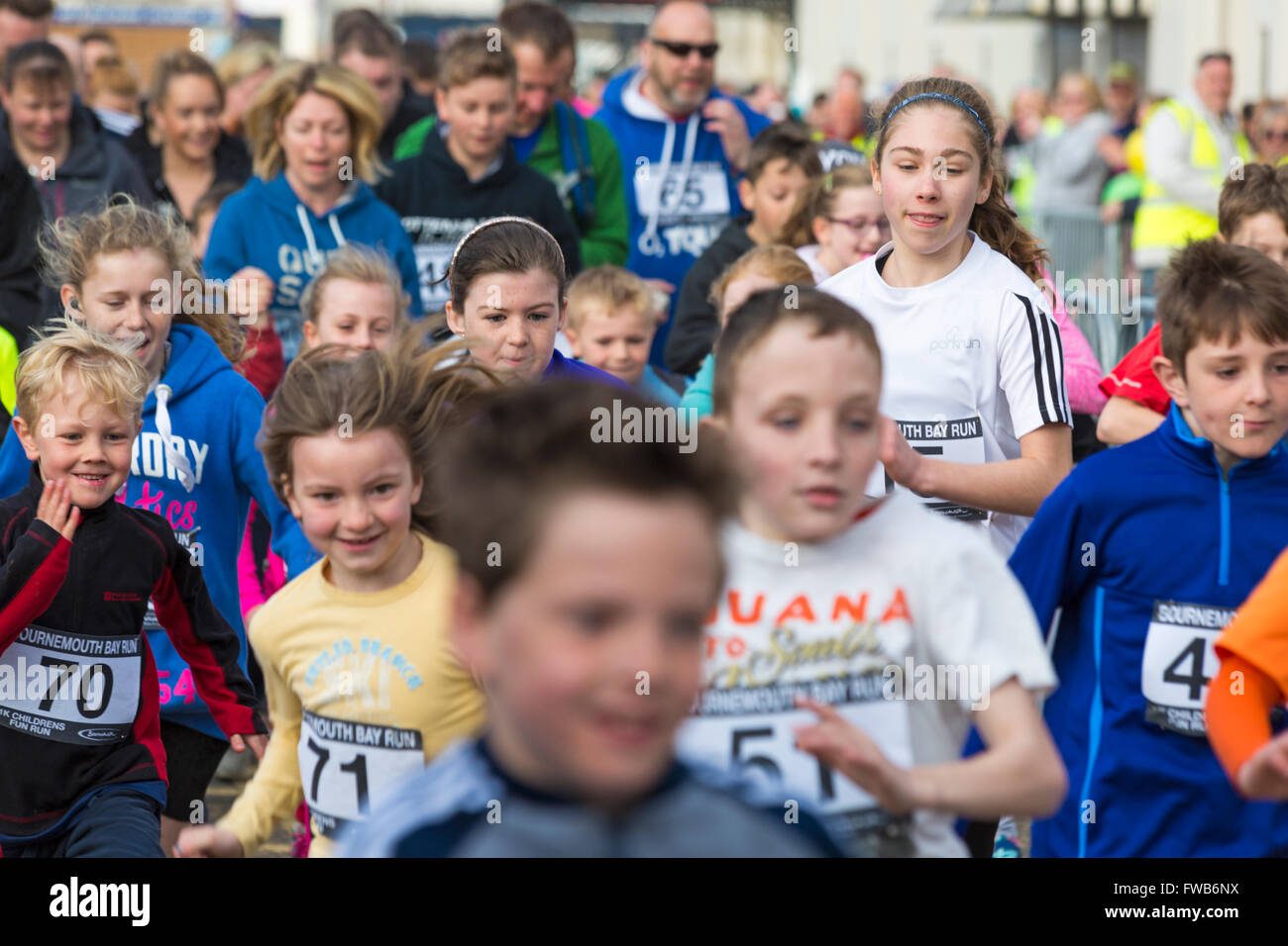 Bournemouth, Dorset, UK 3 April 2016. Children taking part in the 1k ...