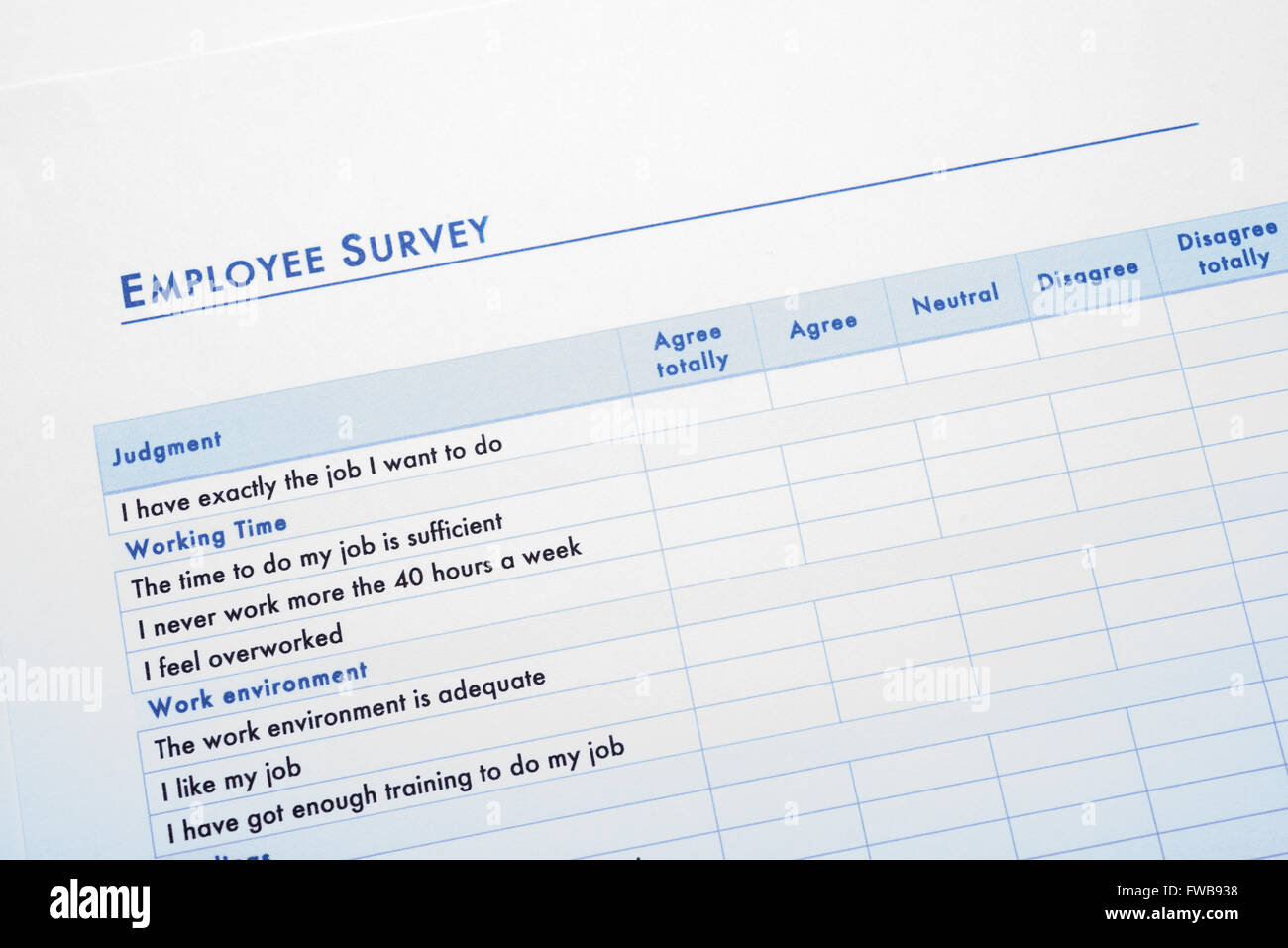 questionnaire about work and environment for employees Stock Photo - Alamy