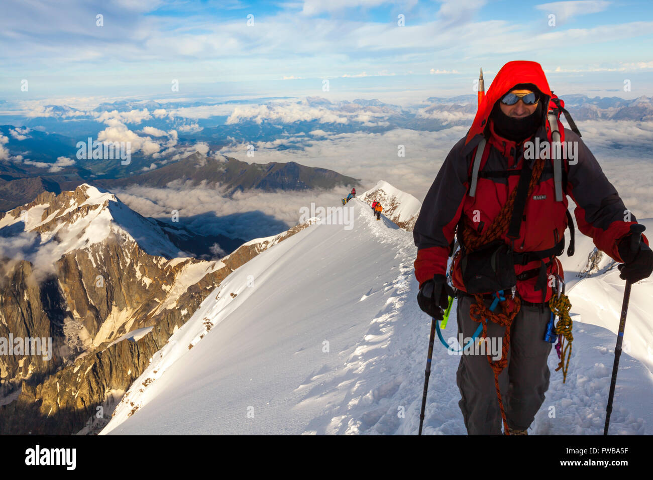 Climbers climbing the highest summit of Europe Mont Blanc Stock Photo ...