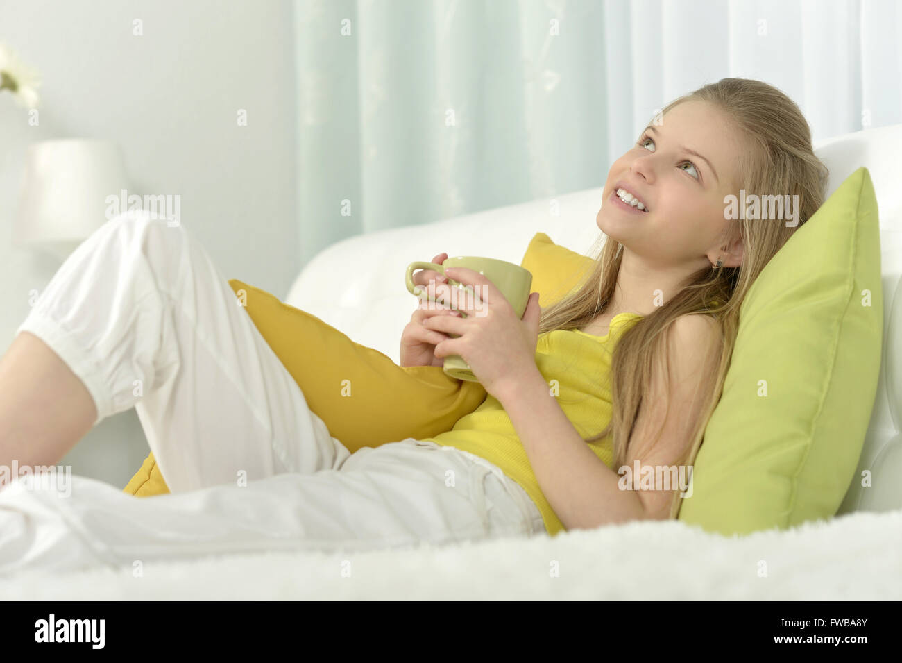 girl drinking tea in the bed Stock Photo - Alamy