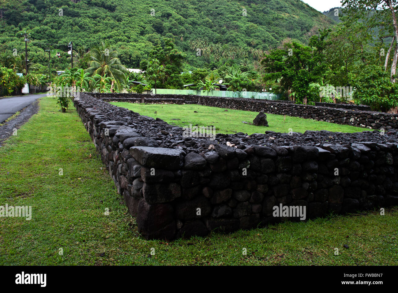 Tahiti, French Polynesia, the stone walls of a native marae, Mahoi ...
