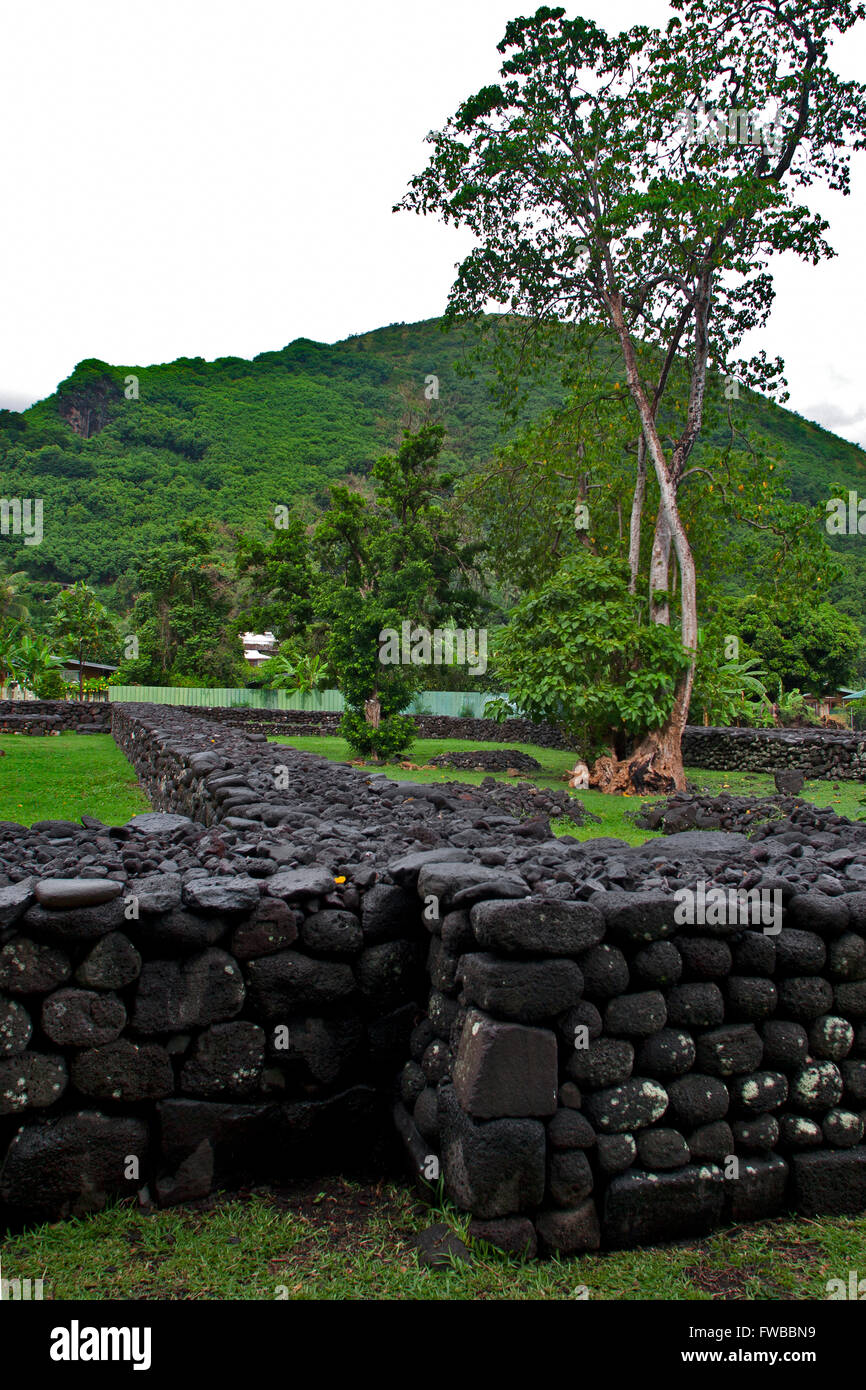 Tahiti, French Polynesia, the stone walls of a native marae, Mahoi ...