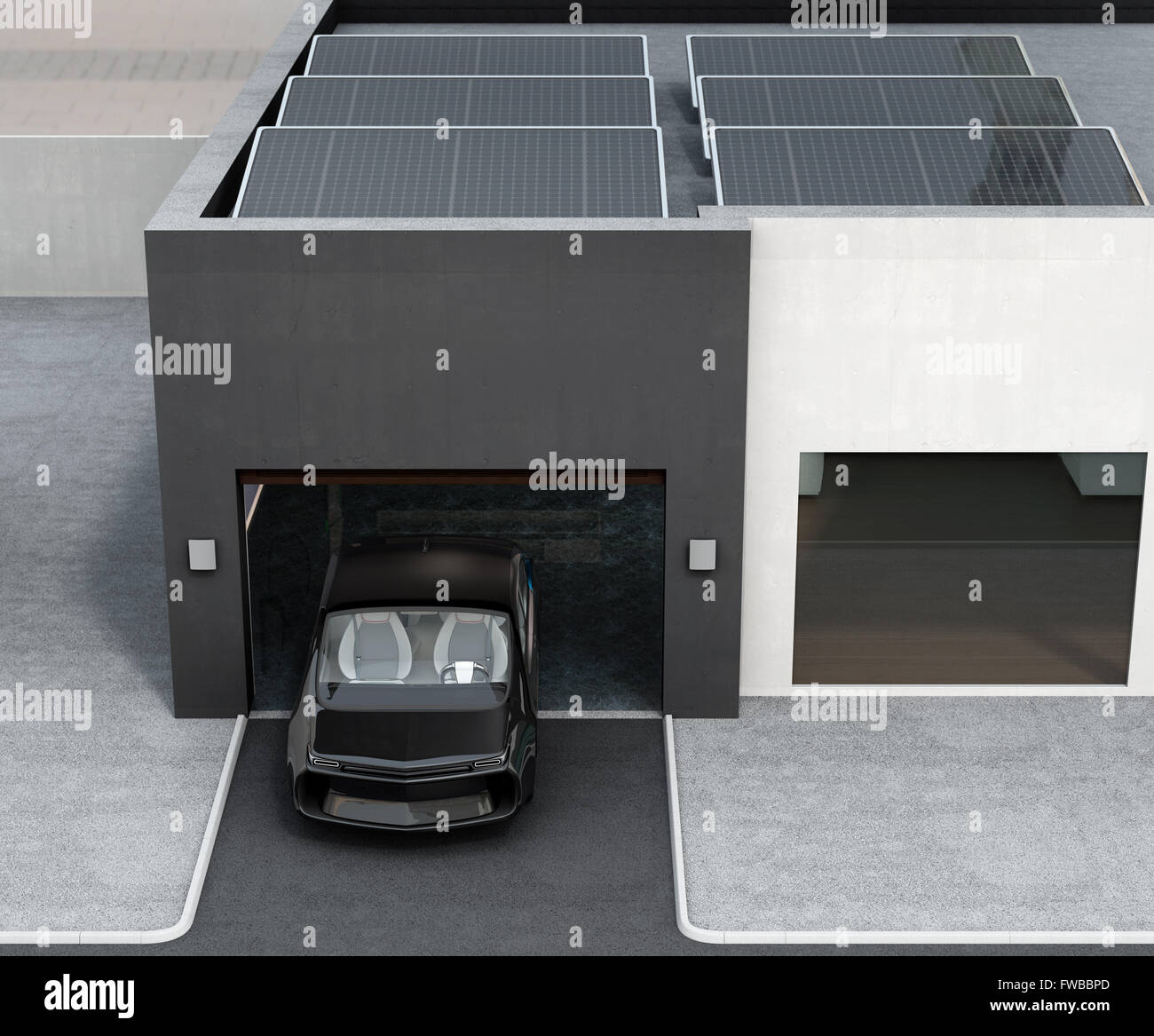 Black car in front of the garage. On the roof there are solar panels ...