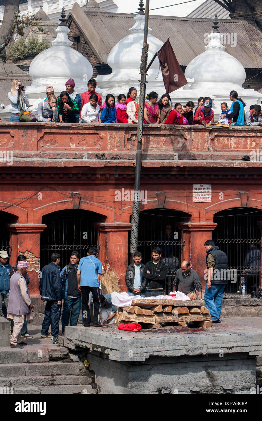 Nepal, Pashupatinath. Cremation Stages. Family Members Watch while ...