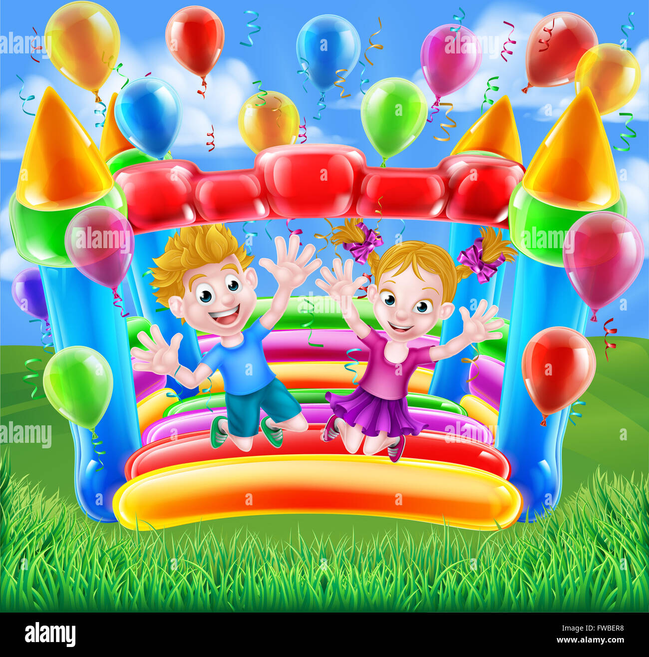 Two kids having fun jumping on a bouncy castle with balloons and ...