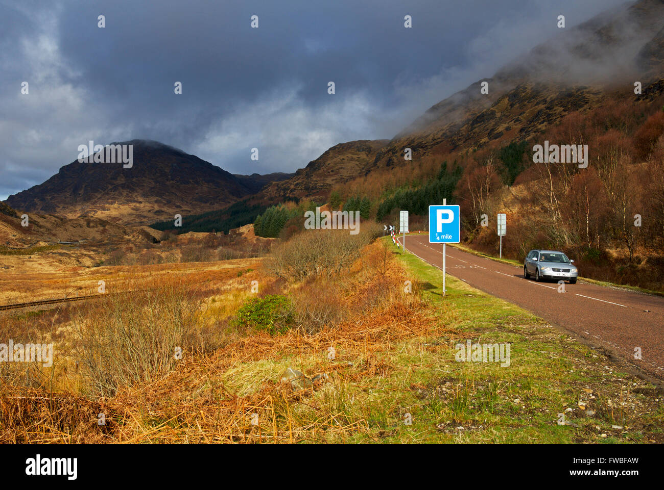 Car on road in highland landscape near Glenfinnan, Lochabar, Scottish ...