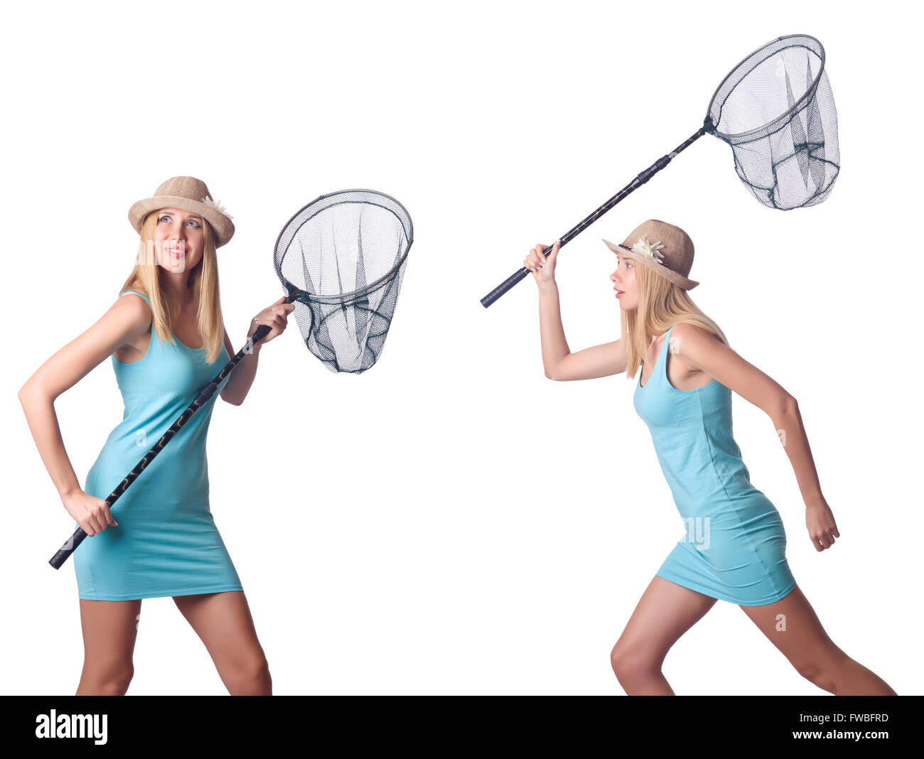 Woman with catching net isolated on white Stock Photo - Alamy