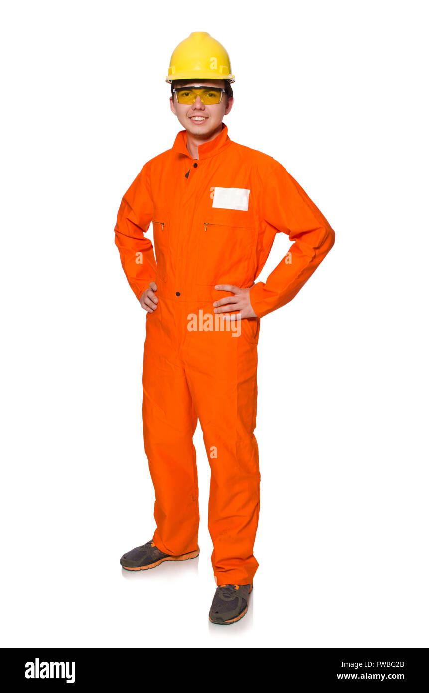 Man in orange coveralls isolated on white Stock Photo - Alamy