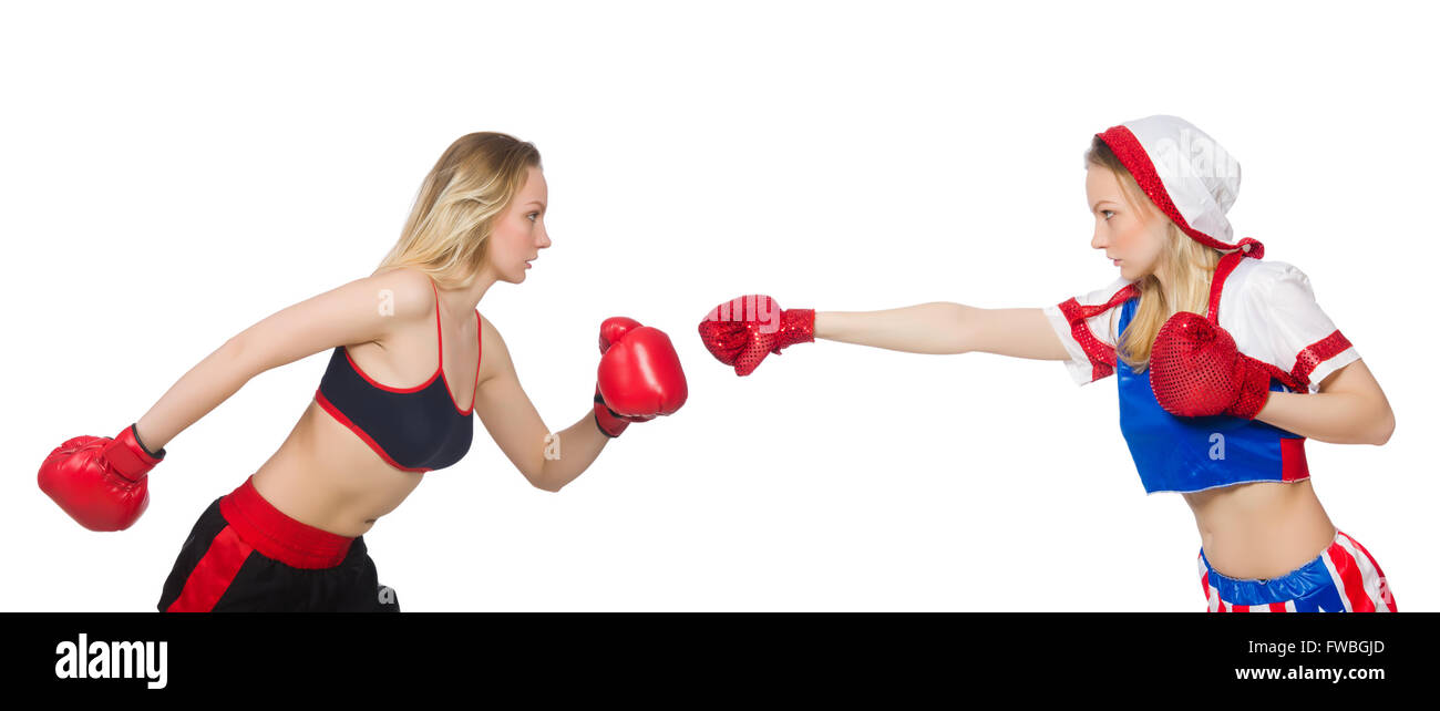 Two female boxers fighting isolated on white Stock Photo - Alamy