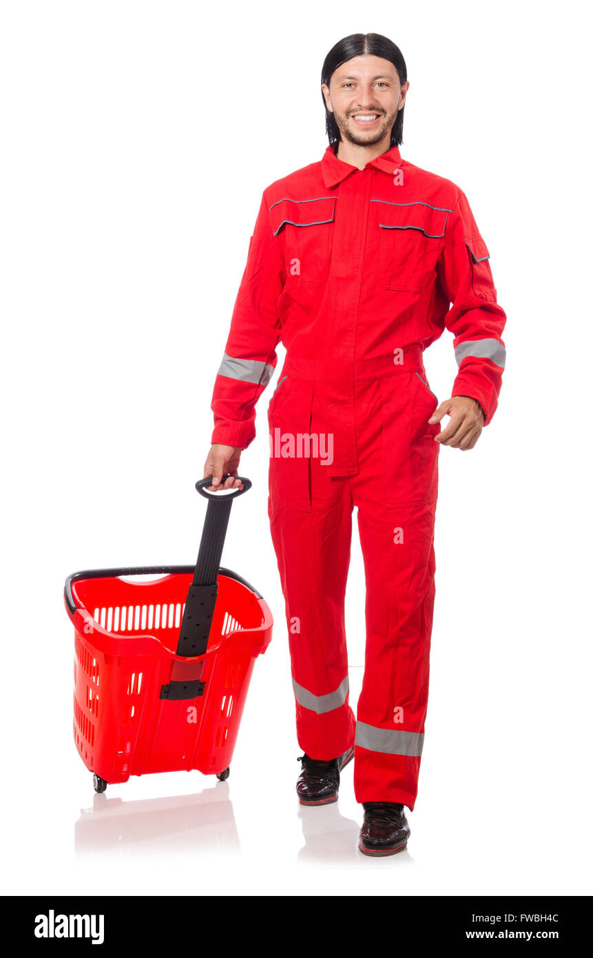 Man wearing red coveralls isolated on white Stock Photo - Alamy