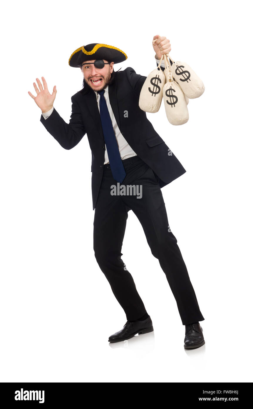 Pirate businessman holding money bags isolated on white Stock Photo - Alamy