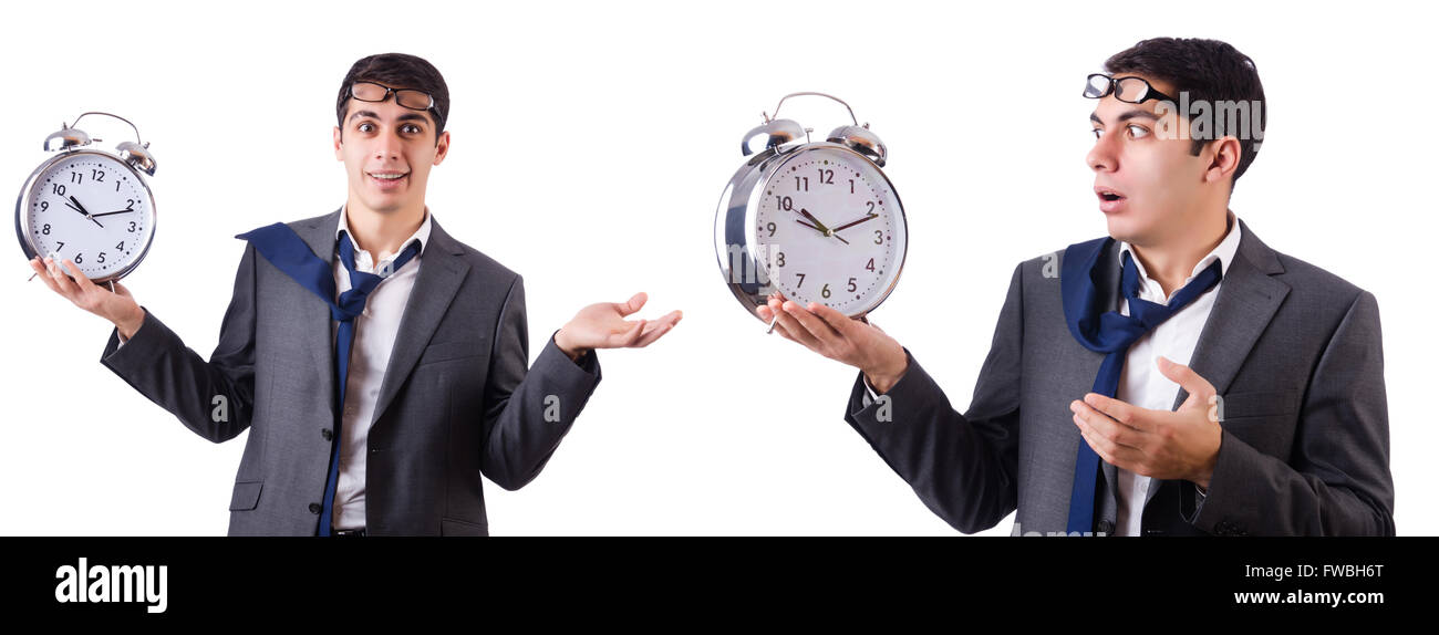 Man with clock isolated on white Stock Photo - Alamy