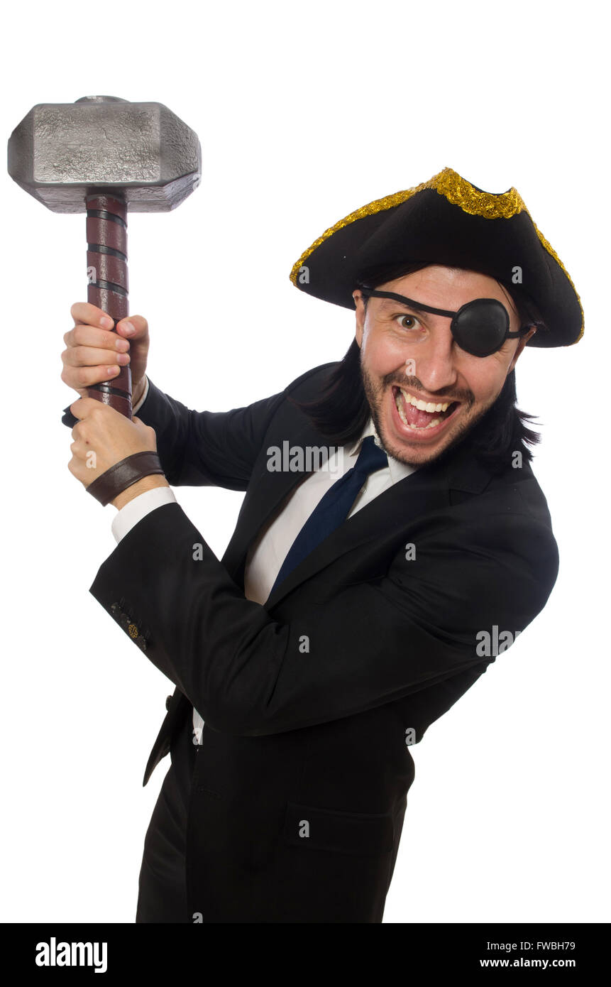 Pirate businessman holding hammer isolated on white Stock Photo - Alamy