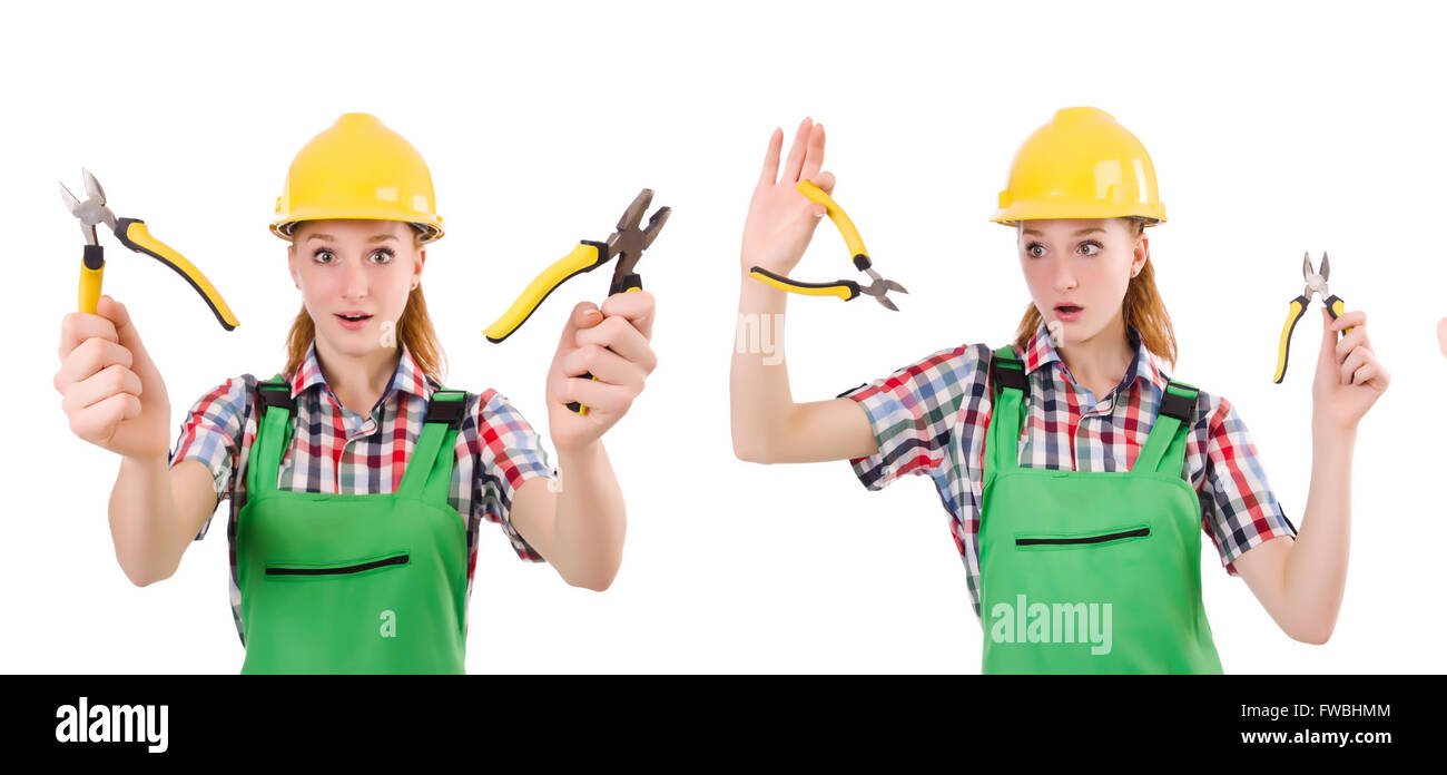 Construction worker female with pliers isolated on white Stock Photo ...