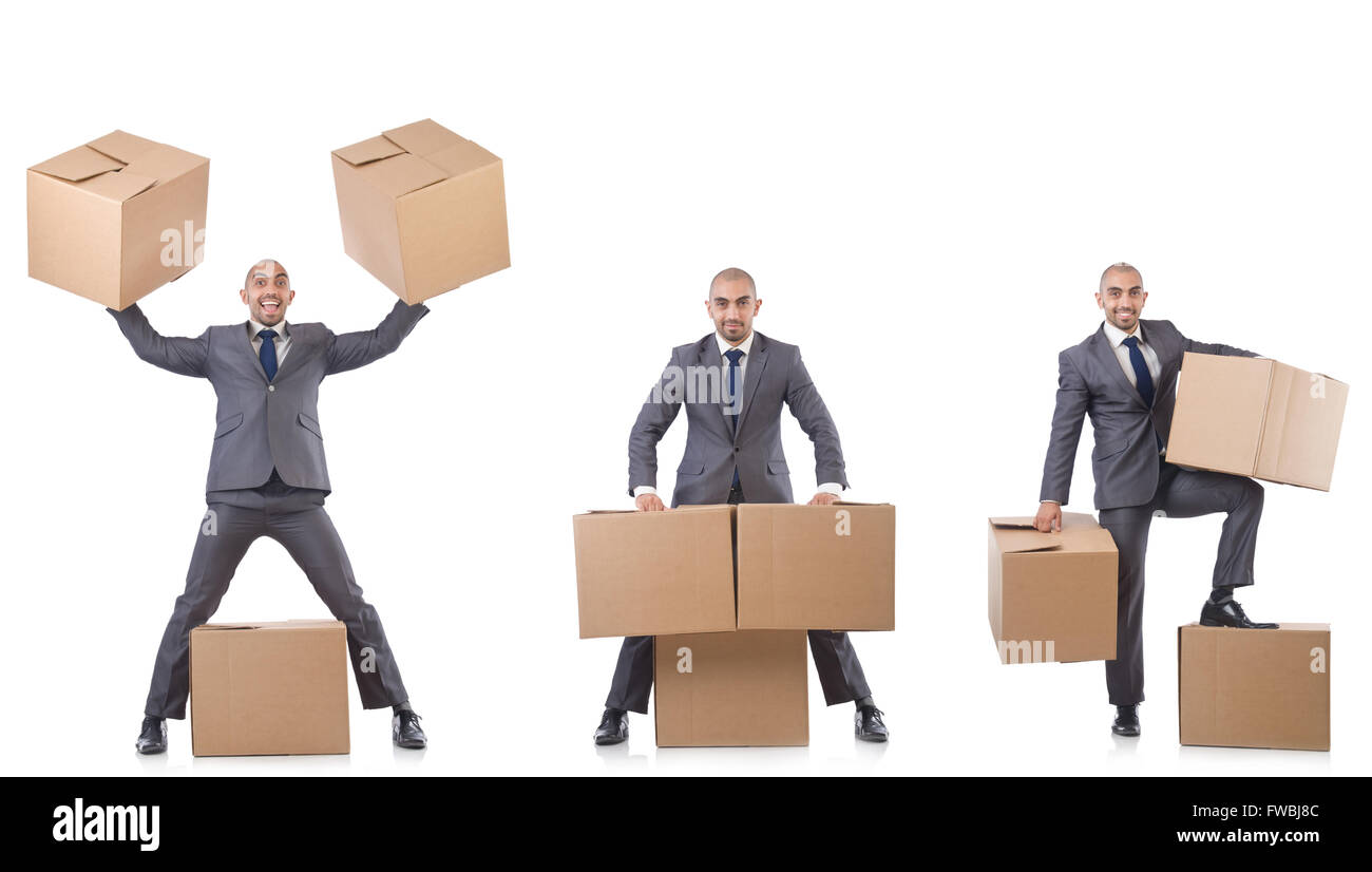 Collage of photos with man and boxes Stock Photo - Alamy
