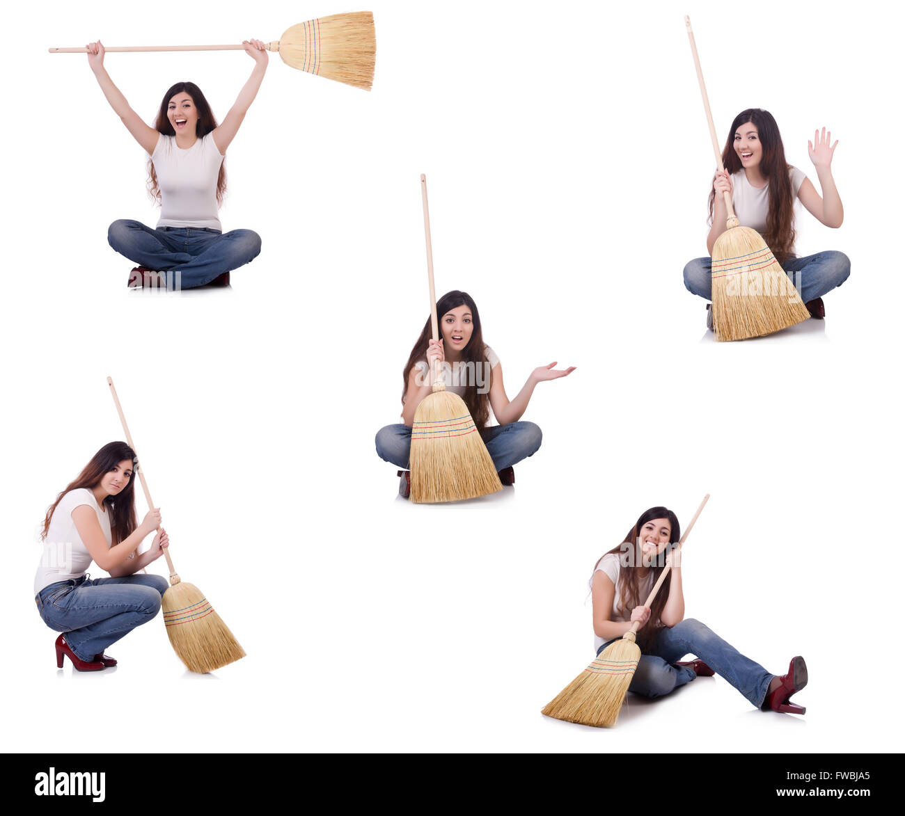 Woman with broom isolated on white Stock Photo - Alamy