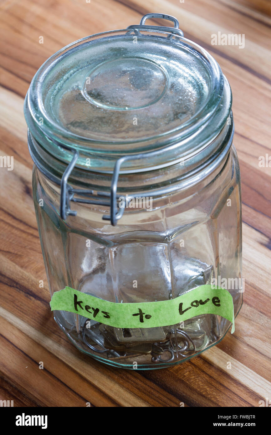 concept image using hand written tags and and old jar with the keys to ...