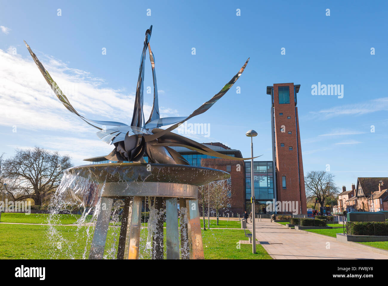 Theatre Stratford Upon Avon UK, a steel sculpture of swans sited near ...