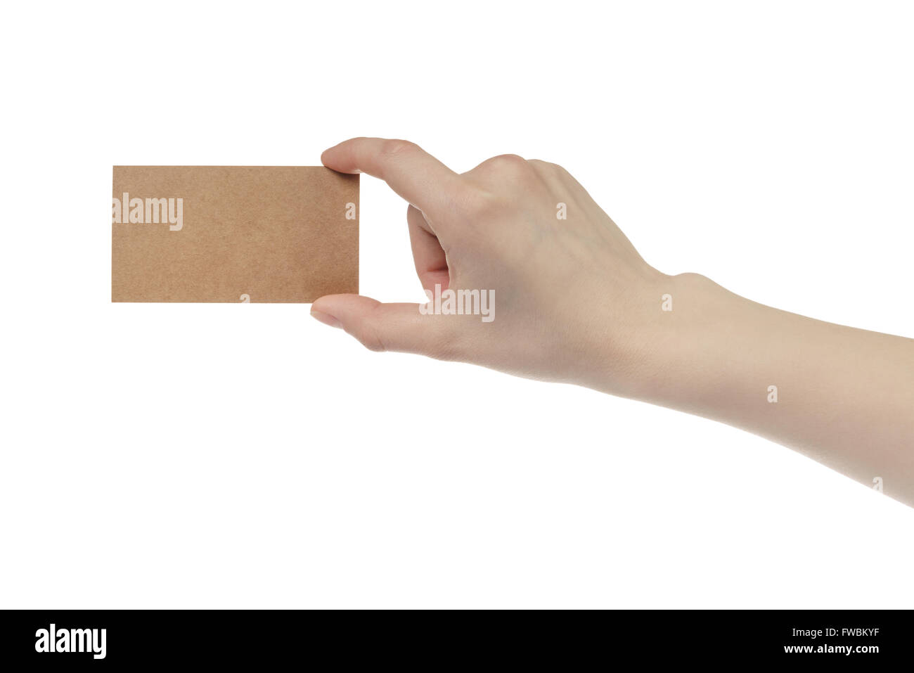 young female right hand hold blank brown paper card Stock Photo - Alamy