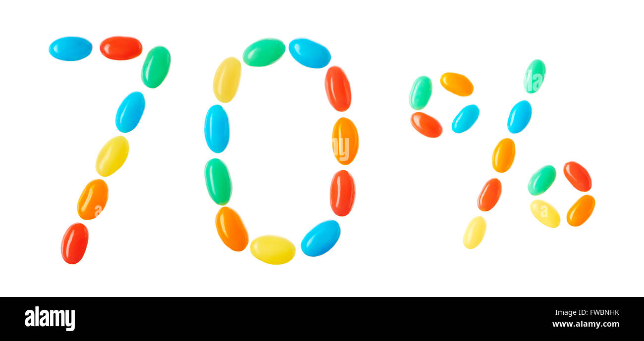 70% lettering made of multicolored candies isolated on white background ...
