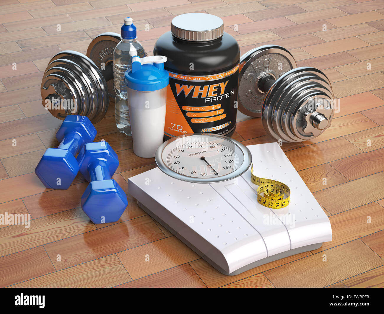Fitness, bodybuilding or weight loss concept. Weight scales, dumbbells ...