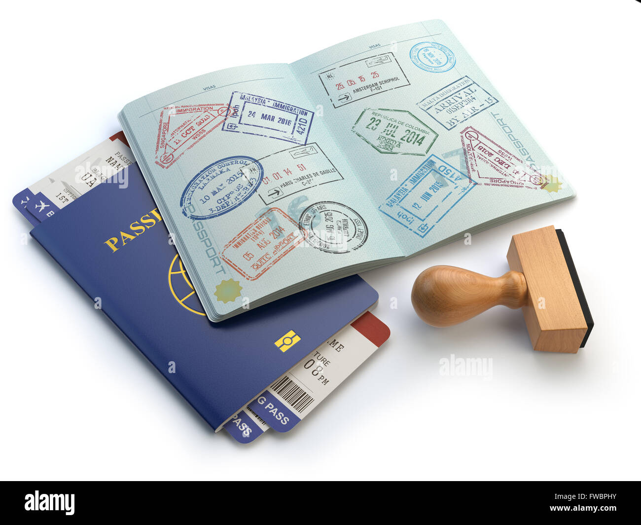 Opened passport with visa stamps and airline boading pass tickets ...