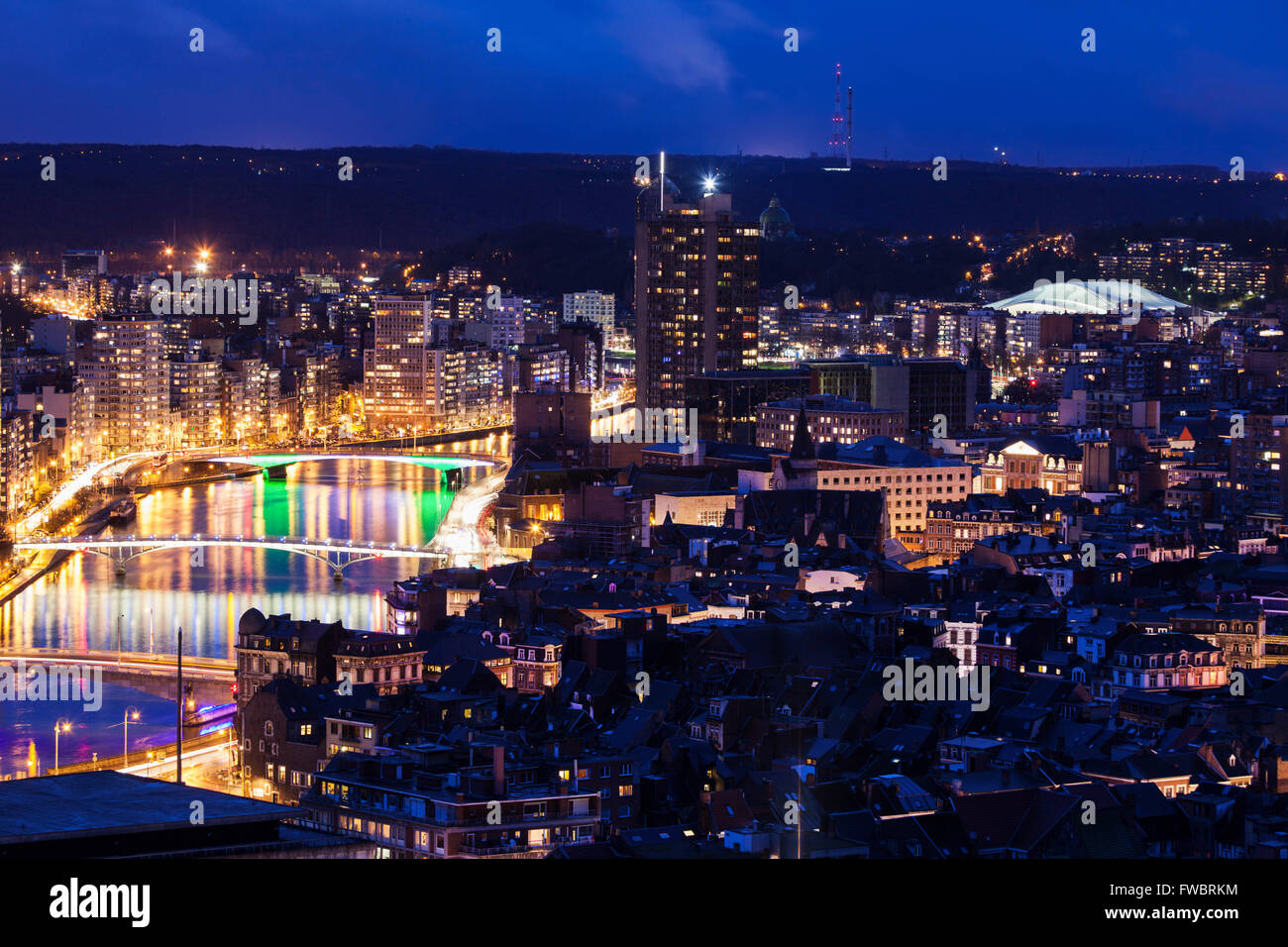 Panorama of Liege at night Stock Photo - Alamy
