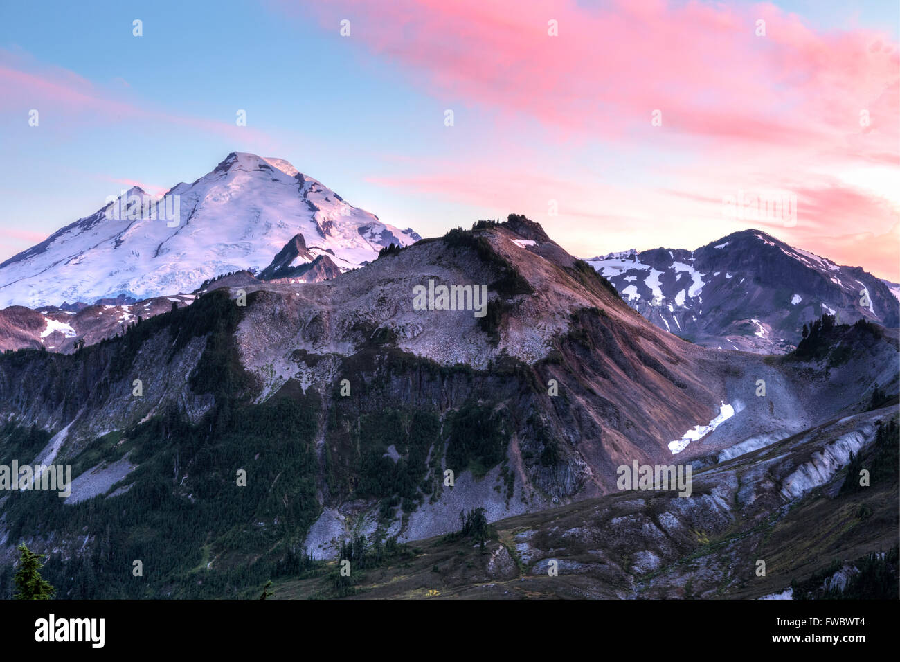 Colorful sunset on Mt. Baker seen from Artist Ridge in the Northern ...
