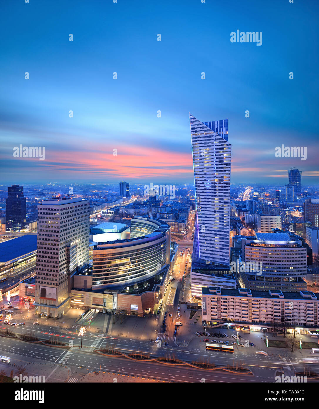 Panorama of modern Warsaw by night Stock Photo - Alamy